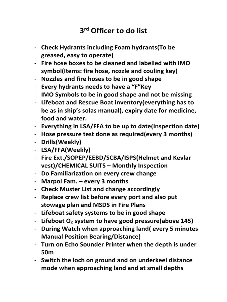 3rd Officer Duties - Reminders | PDF | Pump | Valve