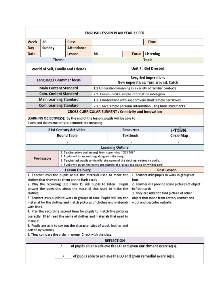 English Lesson Plan Year 2 Cefr | PDF | Lesson Plan | Pedagogy