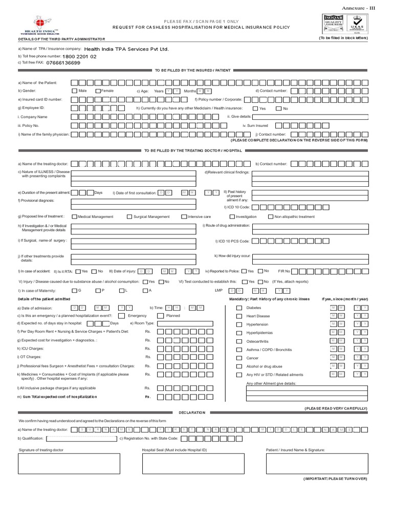 Health India New Preauth Form | PDF | Pathology | Patient