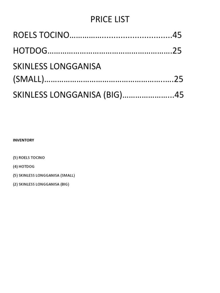 Pork Products Price List and Inventory for Small Store | PDF