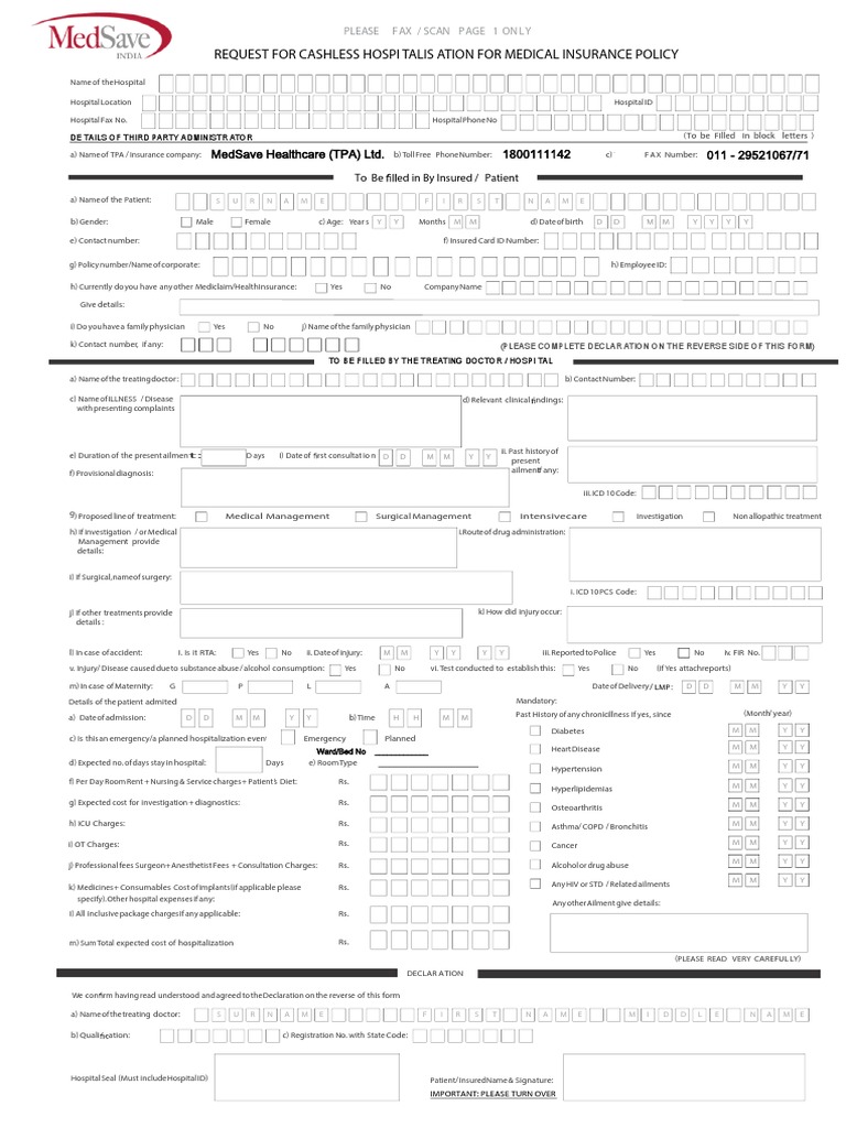 Medsave Request For Pre Authorisation Form | PDF | Hospital | Patient