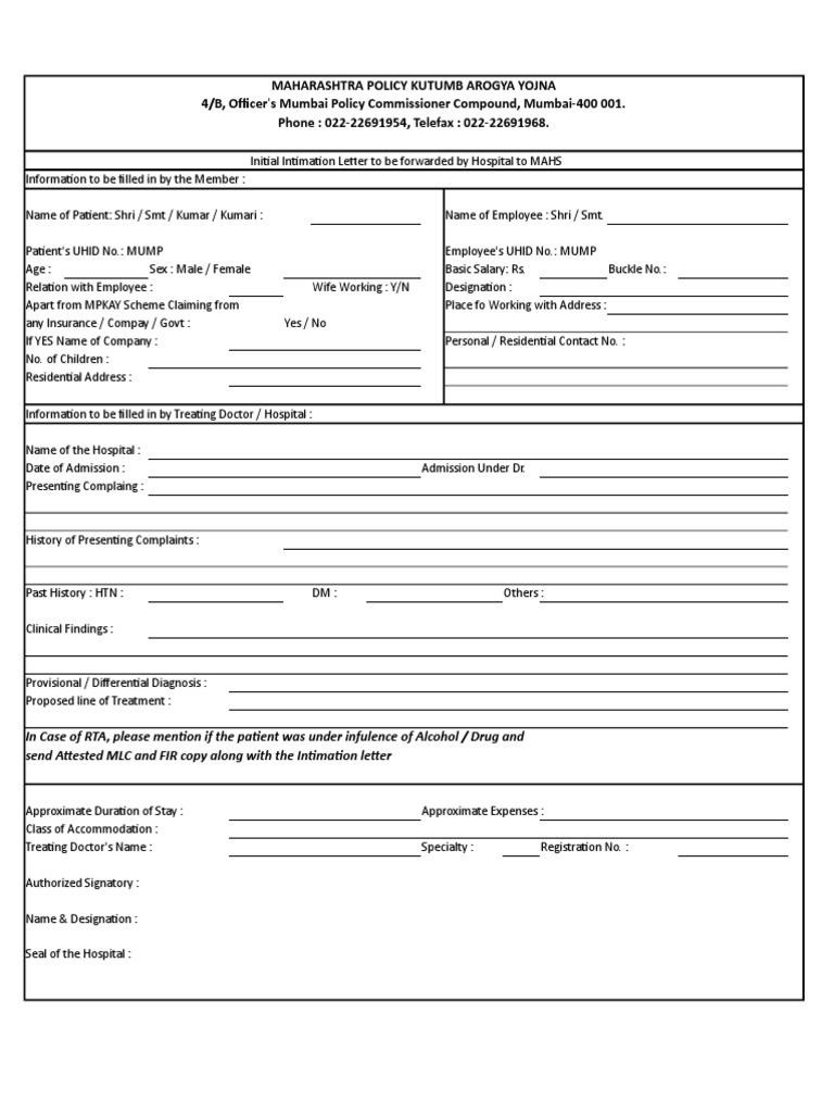 MPKAY Hospital Intimation Process | PDF
