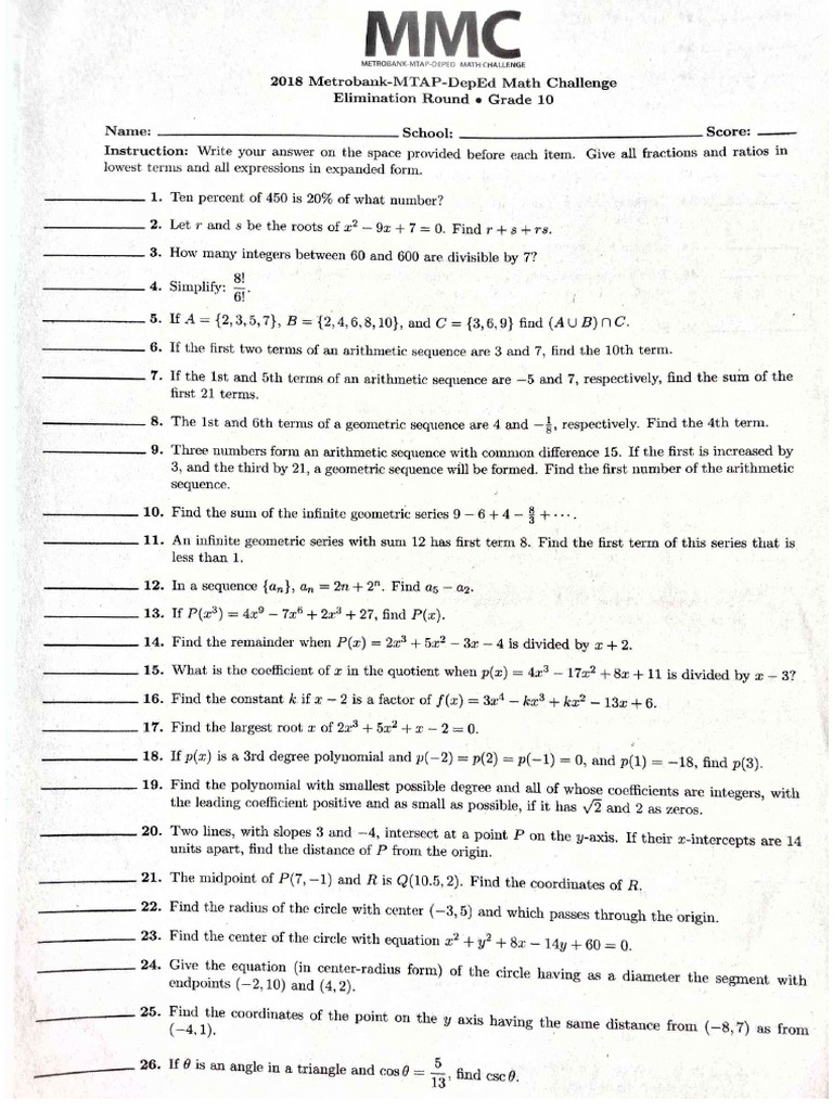 2018 Mtap Elimination Round Grade 10 Questions With Answer Key | PDF