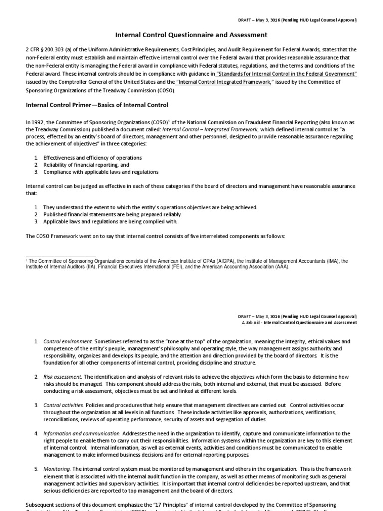 COSO Internal Control Questionnaire | Internal Control | Risk