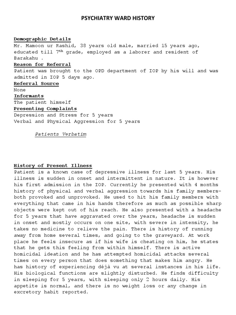 Psychiatry Ward History | PDF | Behavioural Sciences | Psychiatry