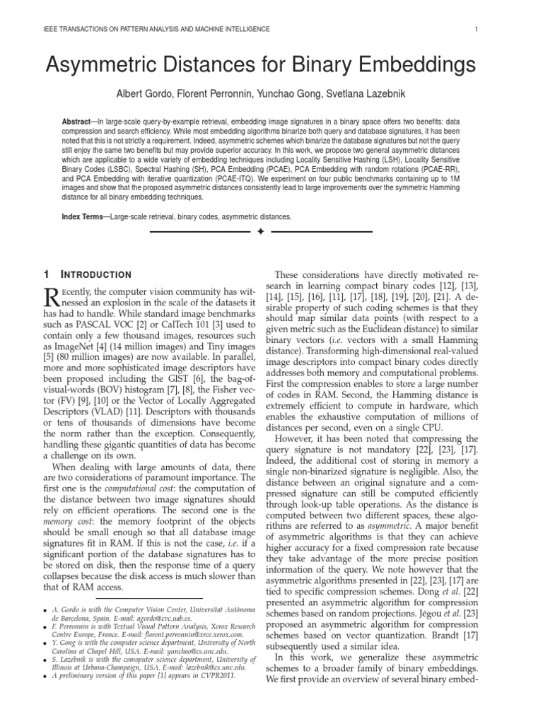 Asymmetric Distances For Binary Embeddings: Albert Gordo, Florent Perronnin, Yunchao Gong ...