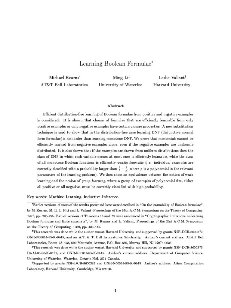 Learning Boolean Formulae Key Words Machine Learning Inductive