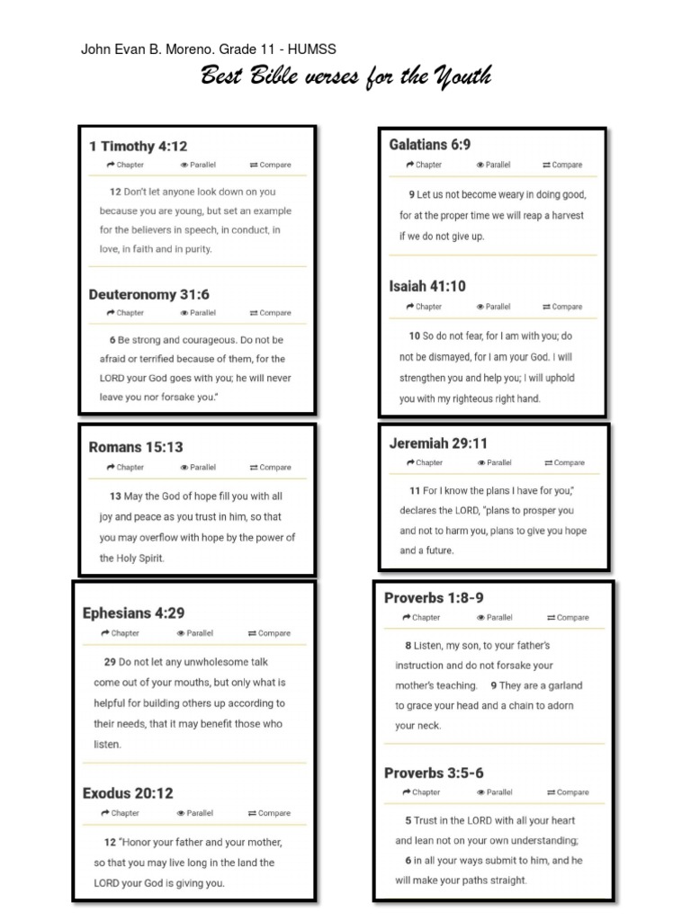 Best Bible Verses For The Youth: John Evan B. Moreno. Grade 11 - HUMSS | PDF