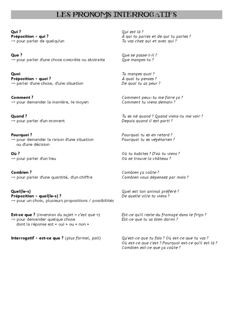 Les pronoms interrogatifs en français | PDF | Développement personnel
