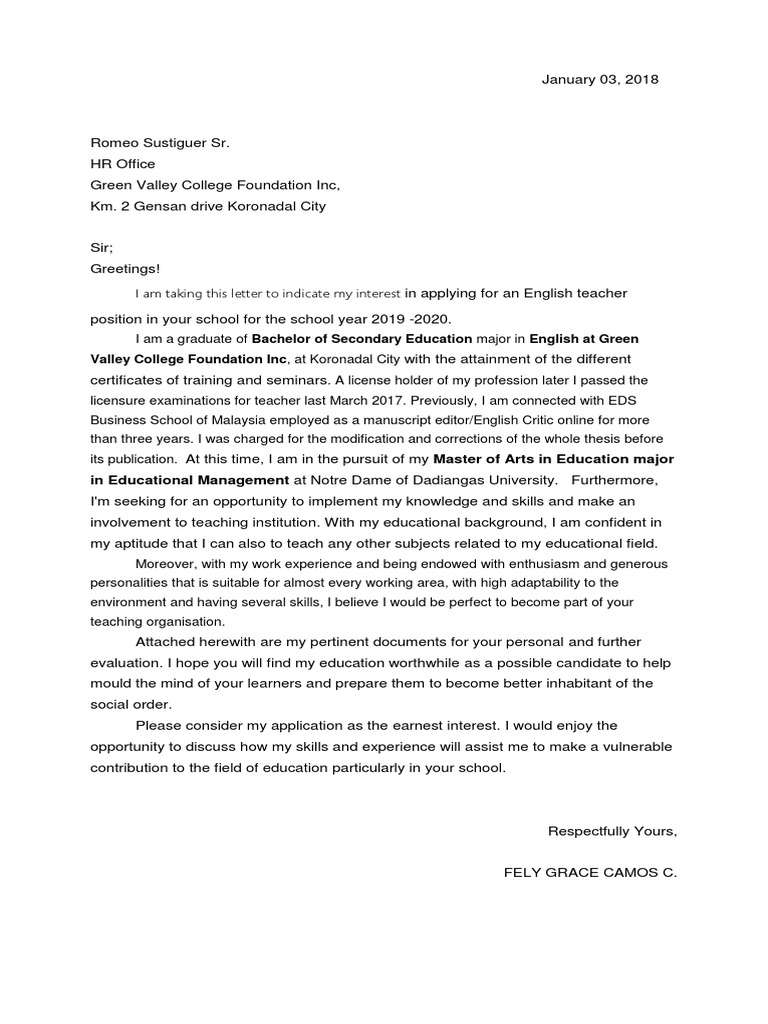 Private Application Letter For TEacher | PDF