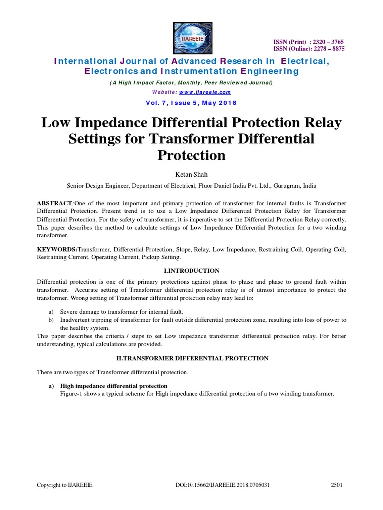Low Impedance Differential Protection Relay Settings For Transformer ...