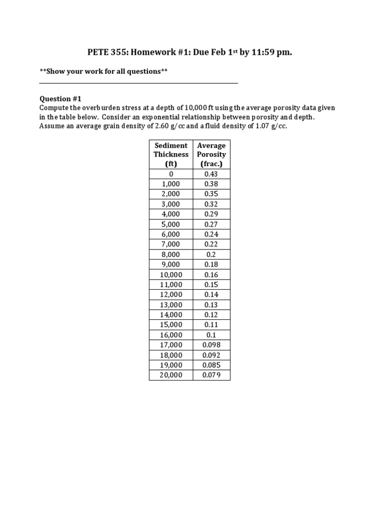 Overburden Stress and Bulk Density Calculations for Homework Assignment ...