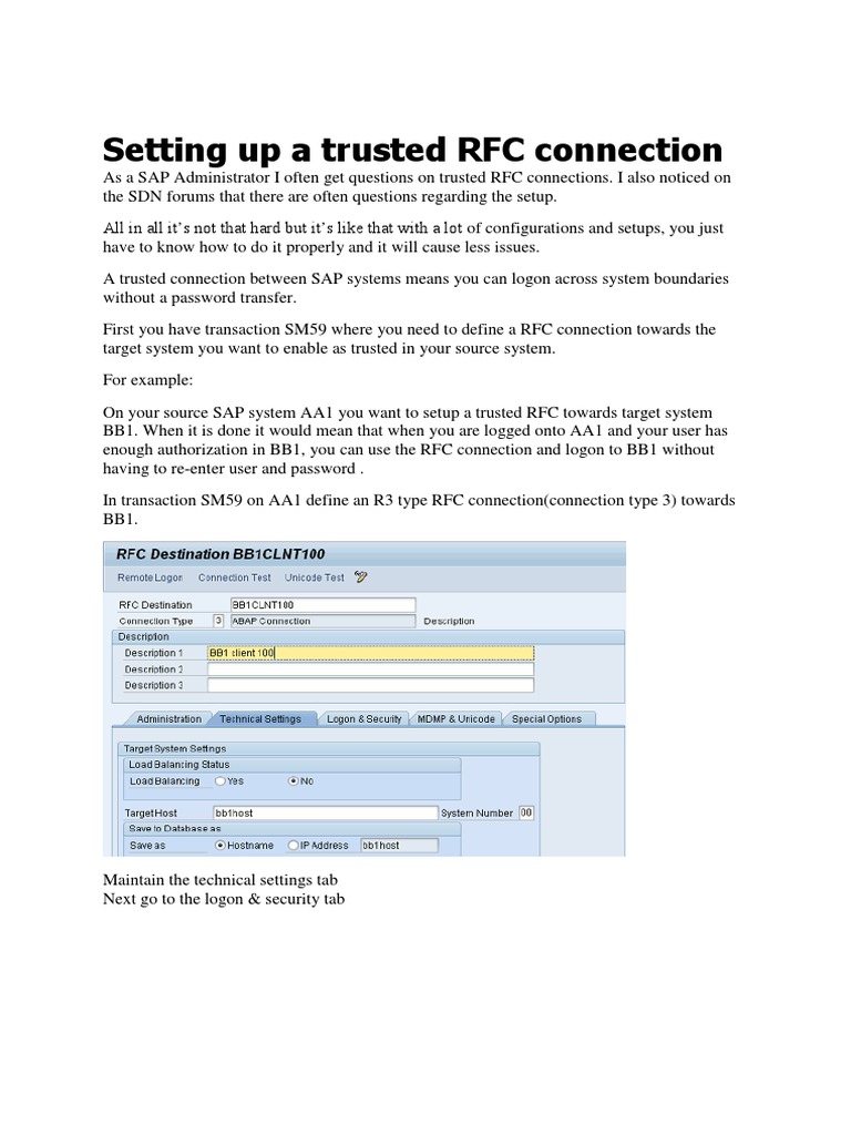 Setting Up A Trusted Rfc Connection Pdf Login Password
