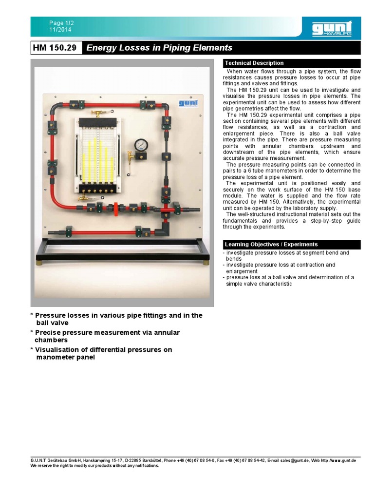 Pressure Loss Experiment Gunt Hamburg HM 150.29 | PDF | Pressure ...