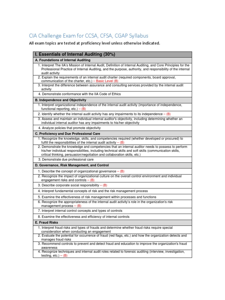 CIA Challenge Exam For CCSA, CFSA, CGAP Syllabus: I. Essentials of ...