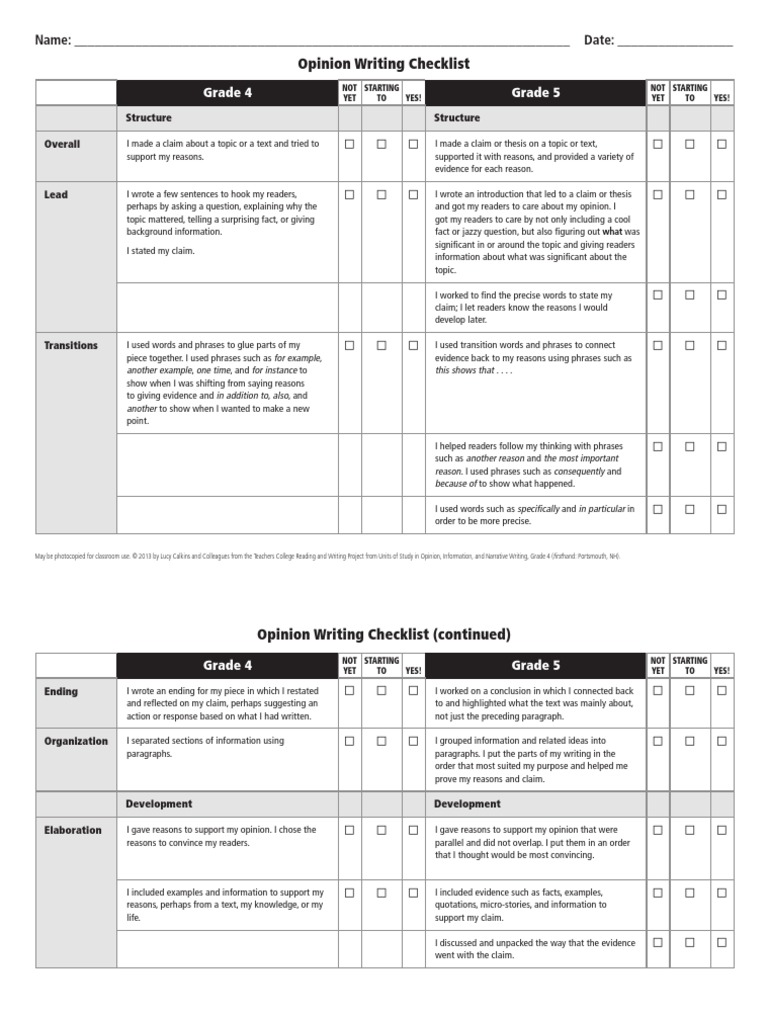 Opinion Writing Checklist | PDF | Reason | Punctuation