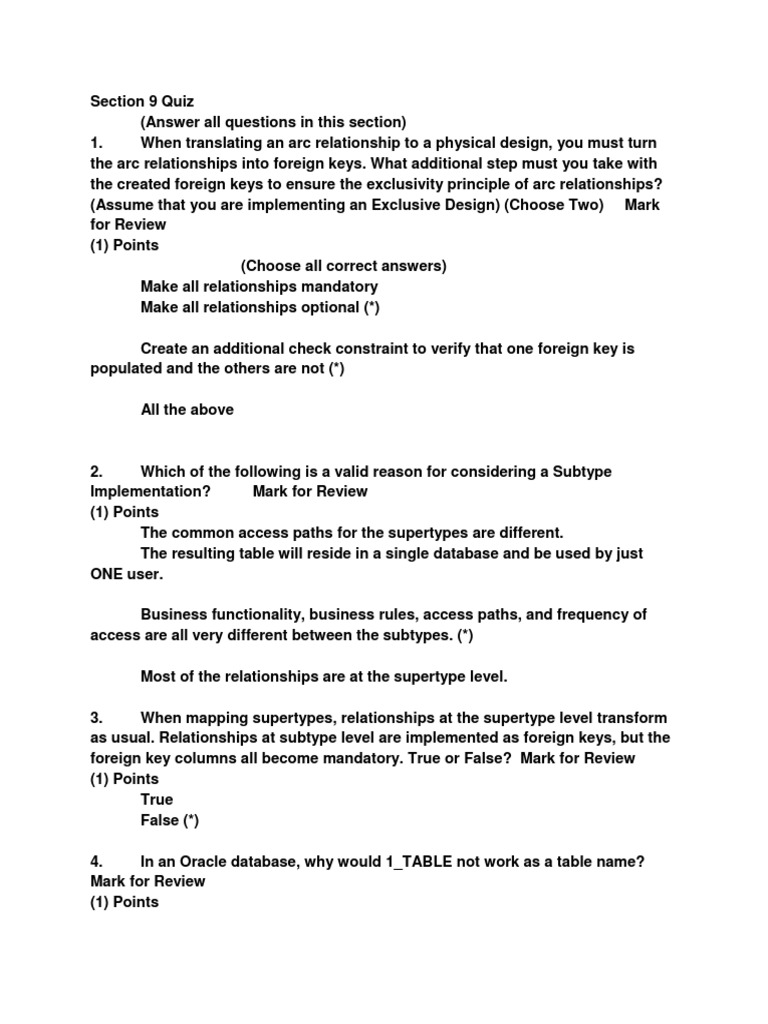 Section 9 Quiz Database Design Oracle | PDF | Relational Database | Table (Database)