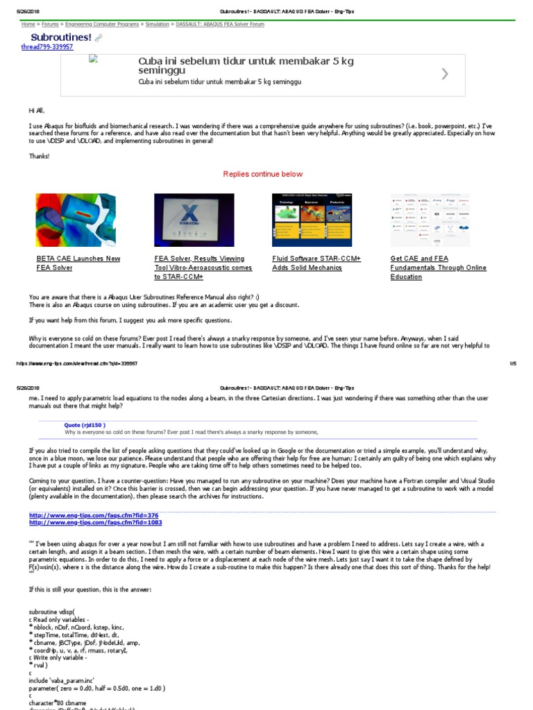 Subroutines Dassault Abaqus Fea Solver Eng Tips Pdf Finite Element Method Subroutine