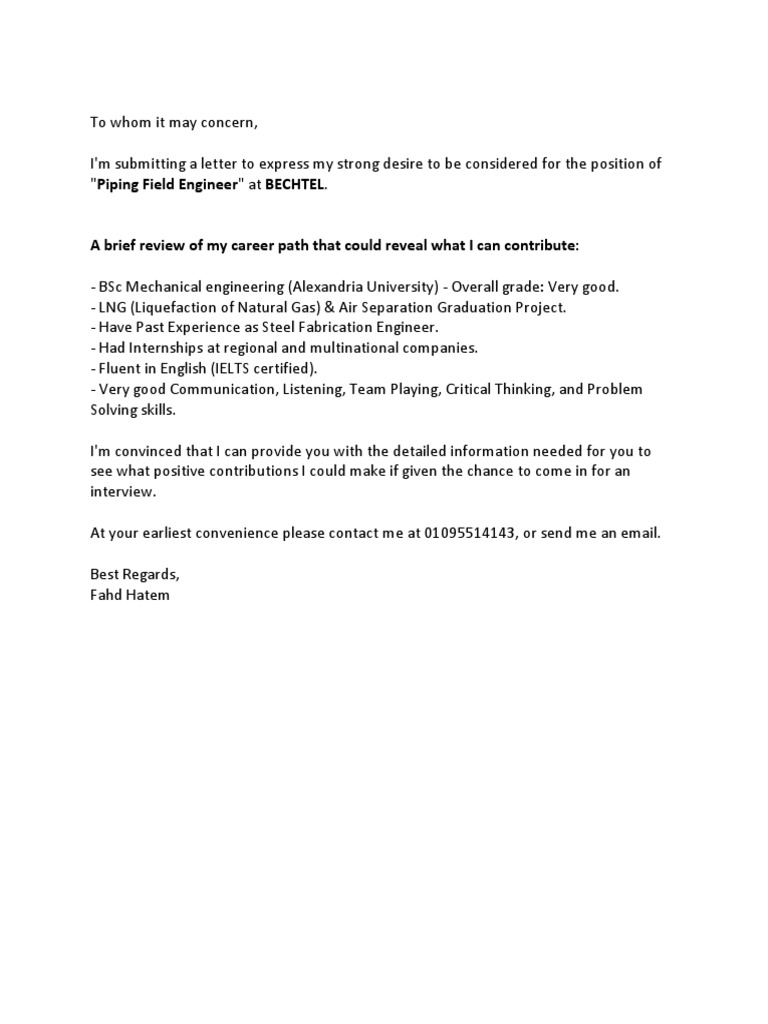 Cover Letter Bechtel | PDF