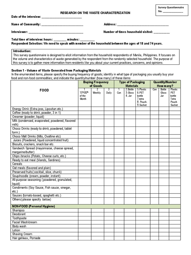 Survey Questionnaire - Waste Characterization | PDF | Recycling | Waste