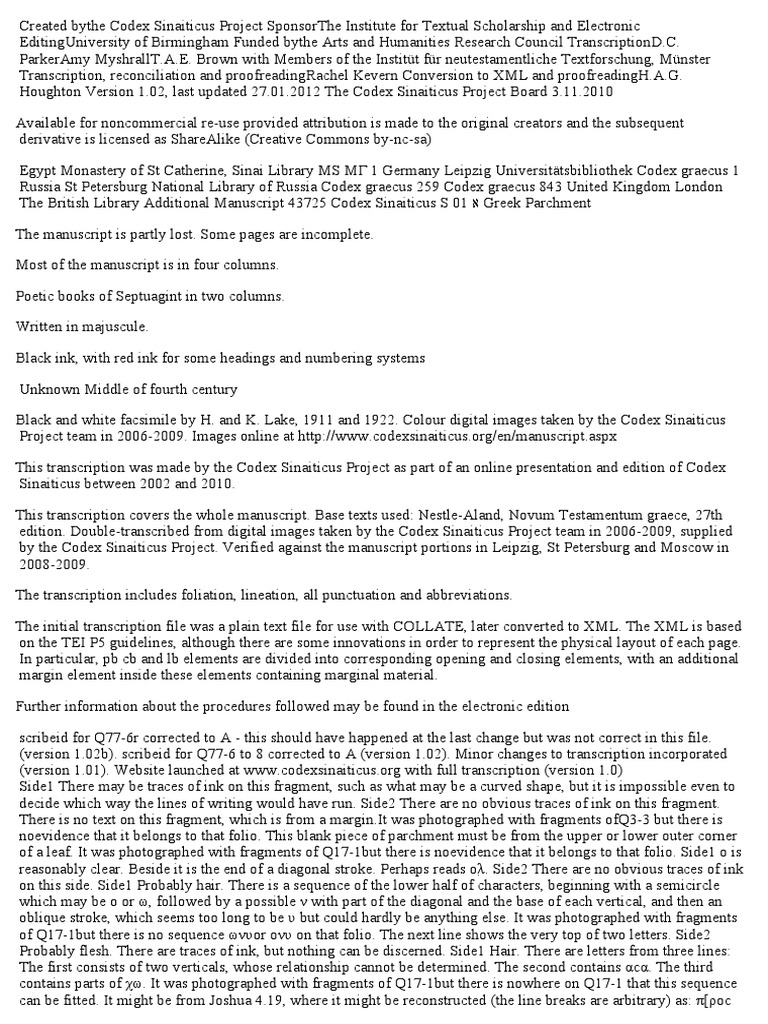 Sinaiticus Codex A Transcription | PDF