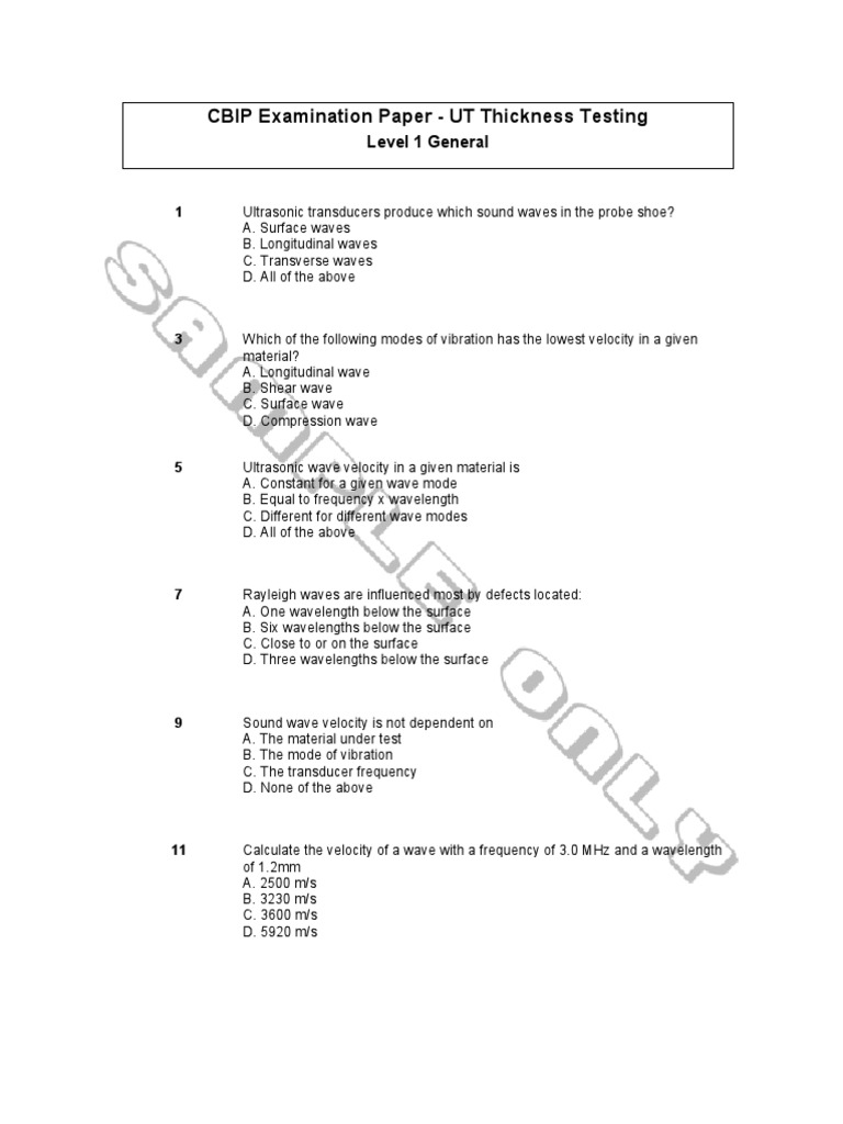 UT L1 General Thickness Testing Examination | PDF | Normal Mode | Waves