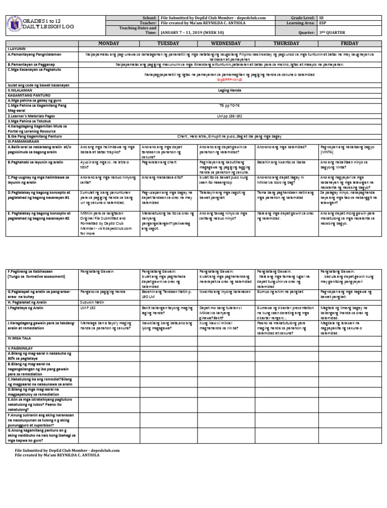 DLL - Esp 3 - Q3 - W10 | PDF