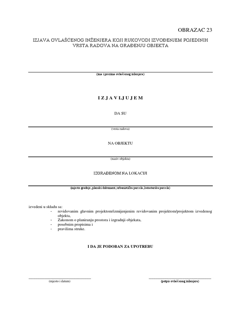Izjava Ovlašćenog Inženjera Koji Rukovodi Izvođenjem Pojedinih Vrsta ...