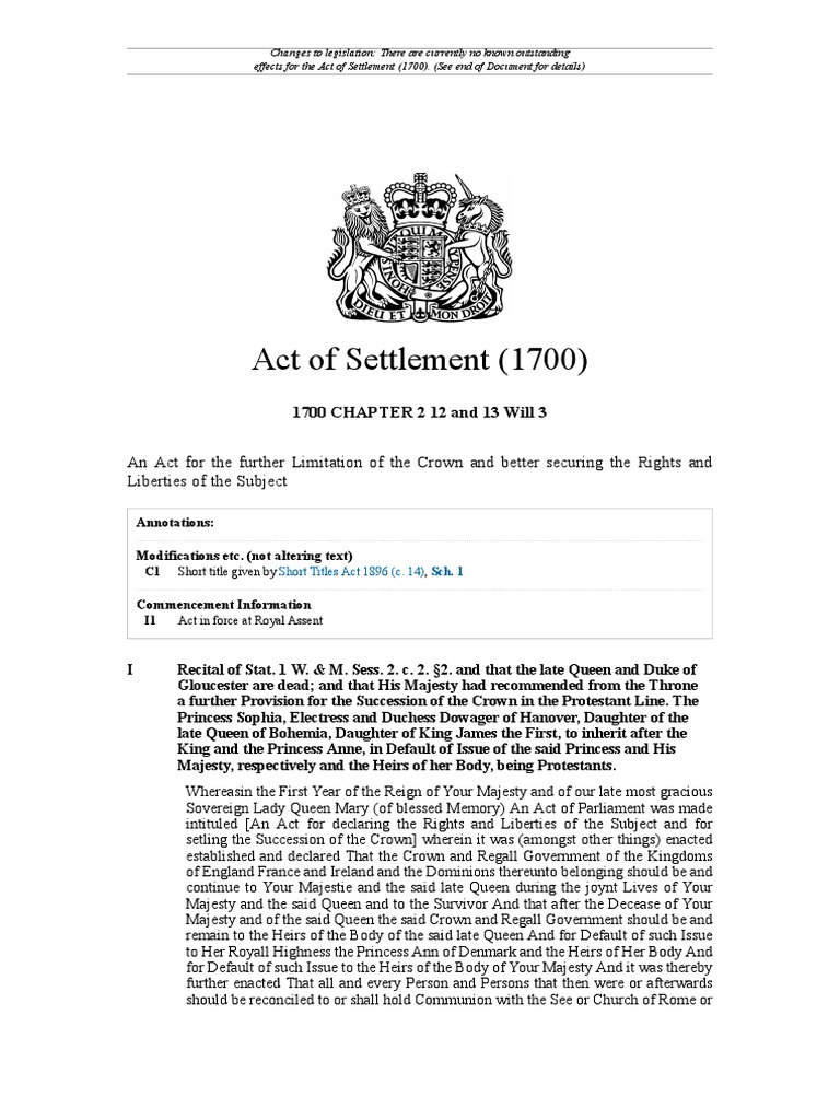 Act of Settlement 1700 PDF | PDF | Government Institutions | Monarchy