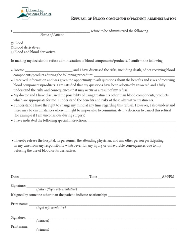 Refusal of Blood | PDF | Patient | Risk