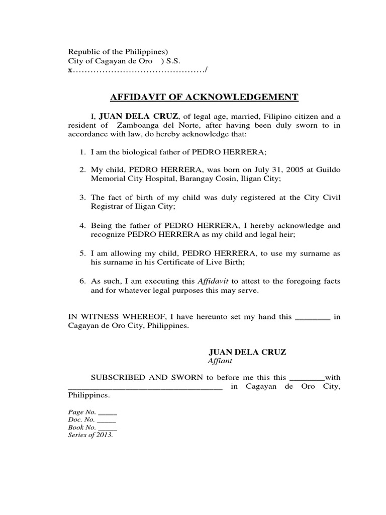 Sample Affidavit of Acknowledgement | PDF