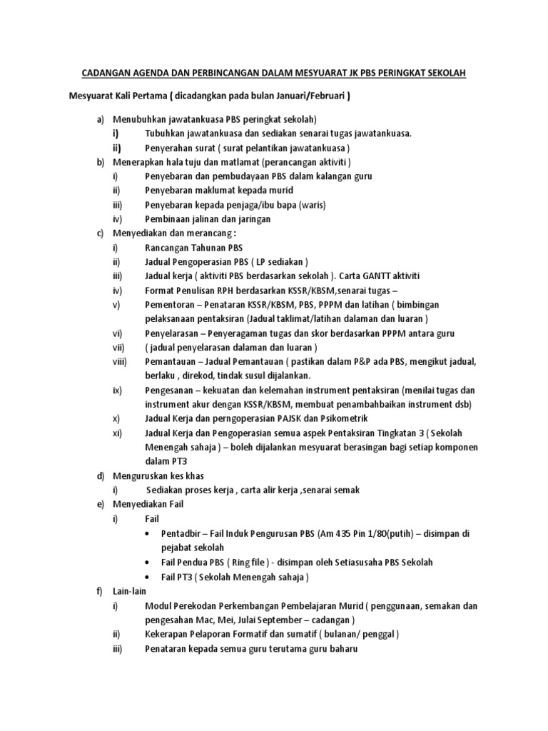 Cadangan Agenda Dan Perbincangan Dalam Mesyuarat JK Pbs Peringkat ...