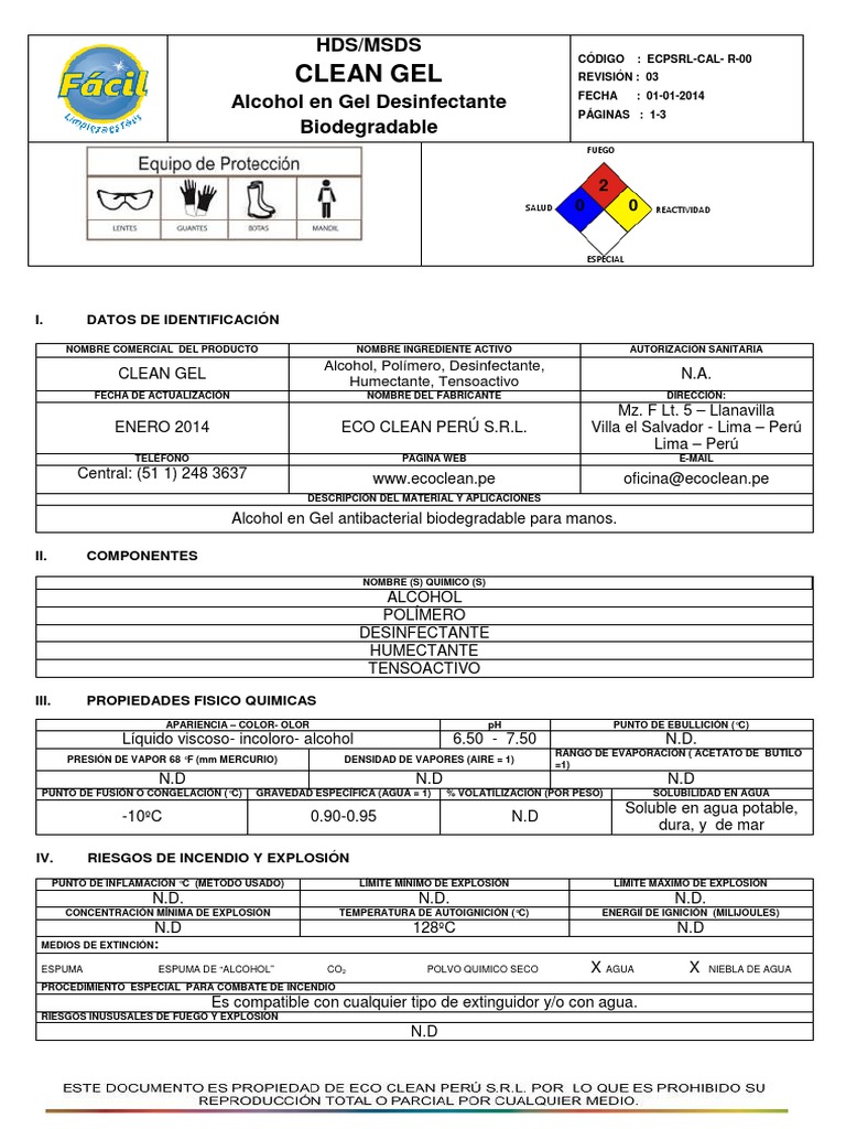 Alcohol en Gel MSDS | PDF | Alcohol | Agua