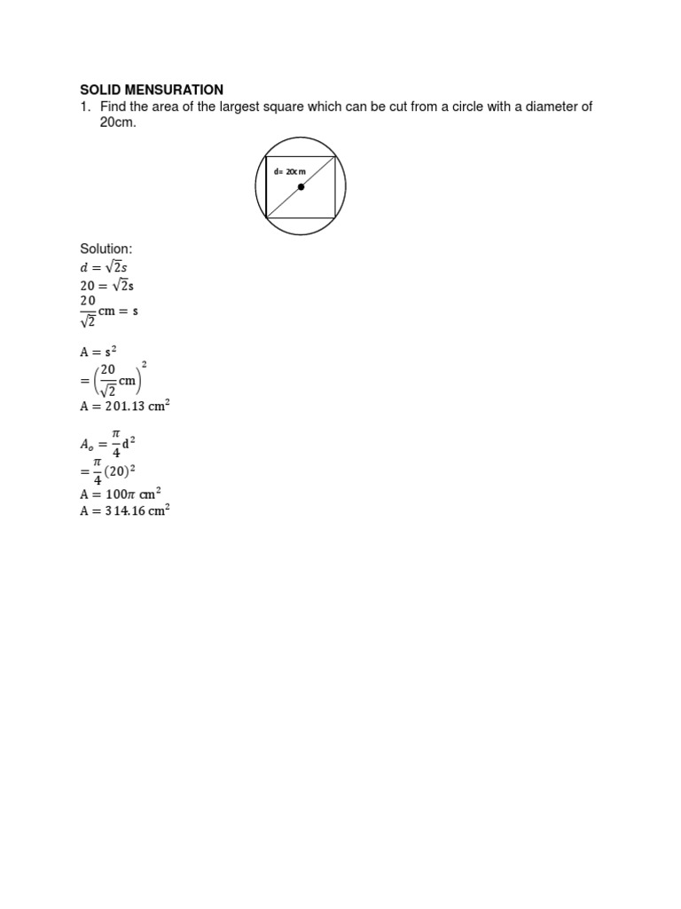 Find The Area Of The Largest Square Which Can Be Cut From A Circle With 
