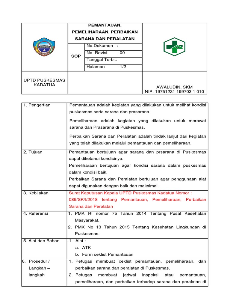 8.5.1.4 Sop Pemantauan Pemeliharaan, Perbaikan Sarana Dan Peralatan | PDF