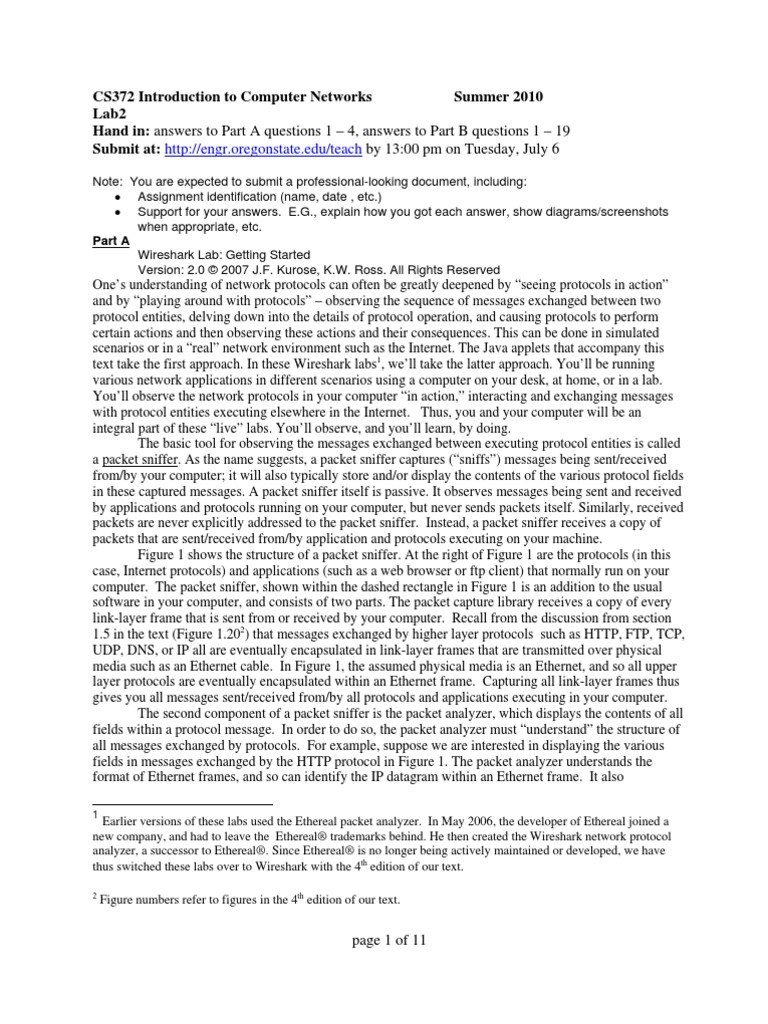 CS372 Introduction To Computer Networks Summer 2010 Lab2 Hand In: Answers To Part A Questions 1 ...