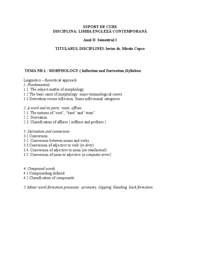 Suport Curs Morphology | PDF | Morphology (Linguistics) | Word