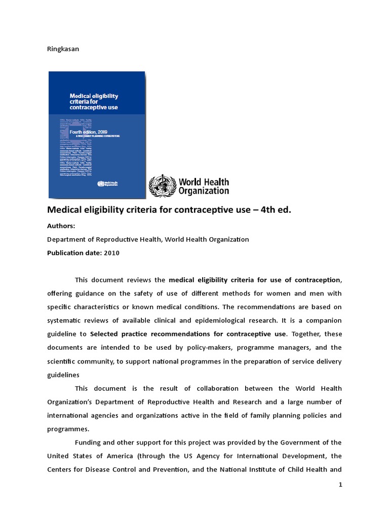 Medical Eligibility Criteria 2009 | PDF | Birth Control | Family Planning
