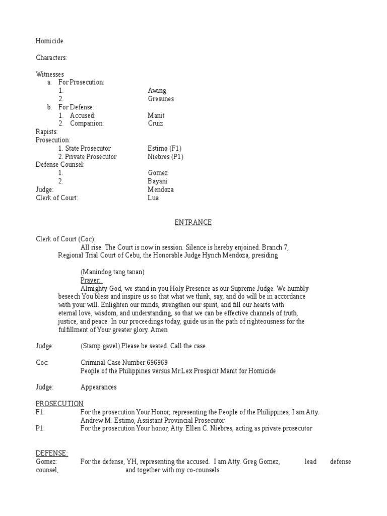 Script For Practice Court Homicide | PDF | Prosecutor | Plea