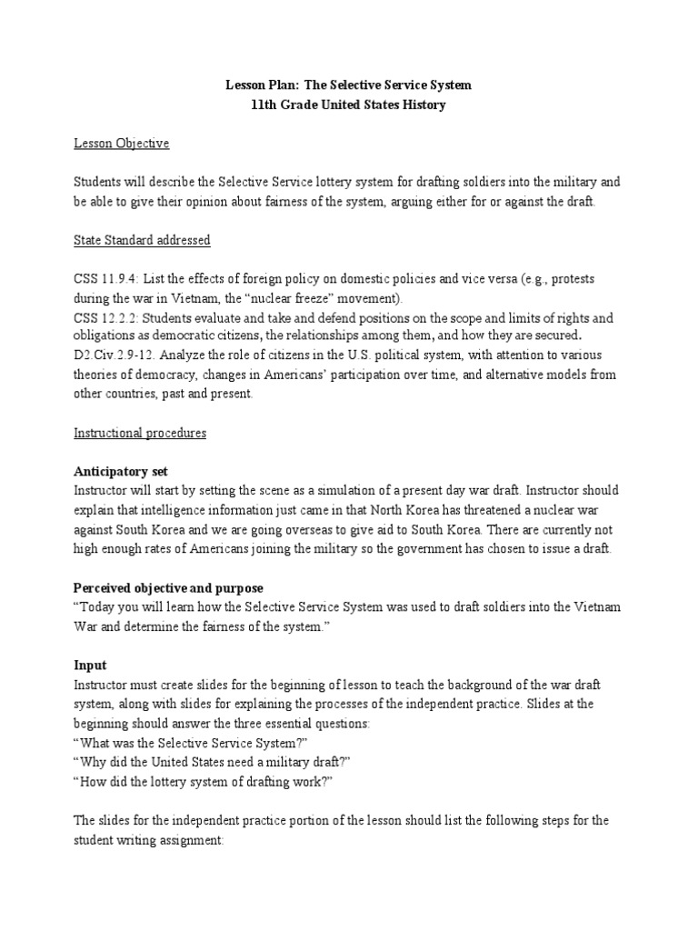 Lesson Plan: The Selective Service System 11th Grade United States ...