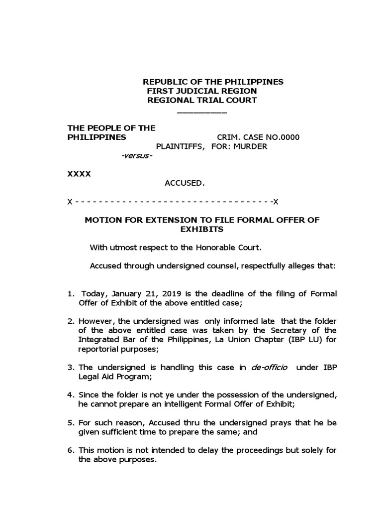 Motion For Extension To File Formal Offer of Exhibits | PDF