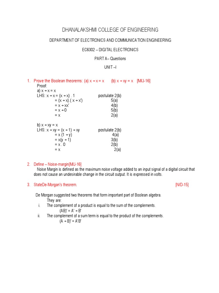 Dhanalakshmi College of Engineering: 1. Prove The Boolean Theorems: (A ...