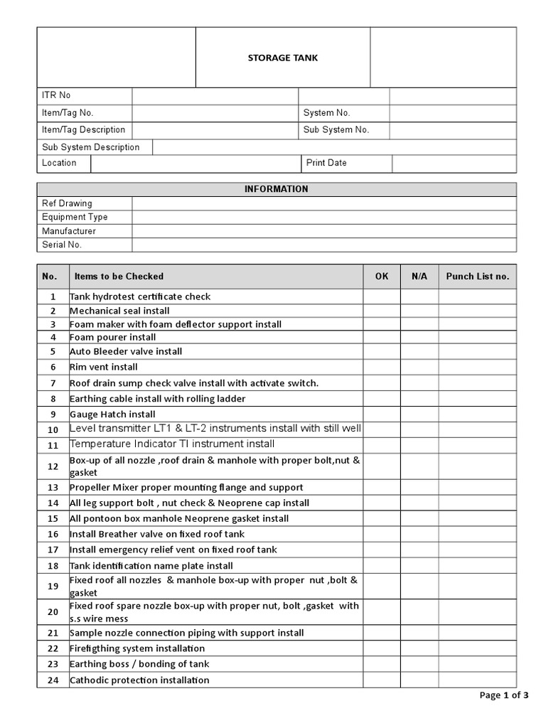 Storage Tank Inspection Checklist | PDF | Valve | Equipment