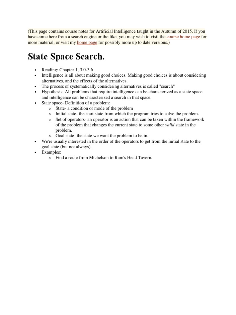 Course Notes on State Space Search and Algorithm Evaluation for ...