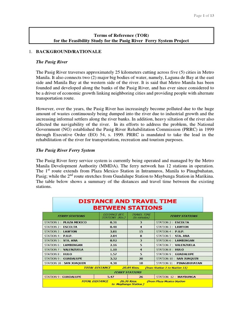 TOR For Conduct of The FS For The Pasig River Ferry Service Project ...