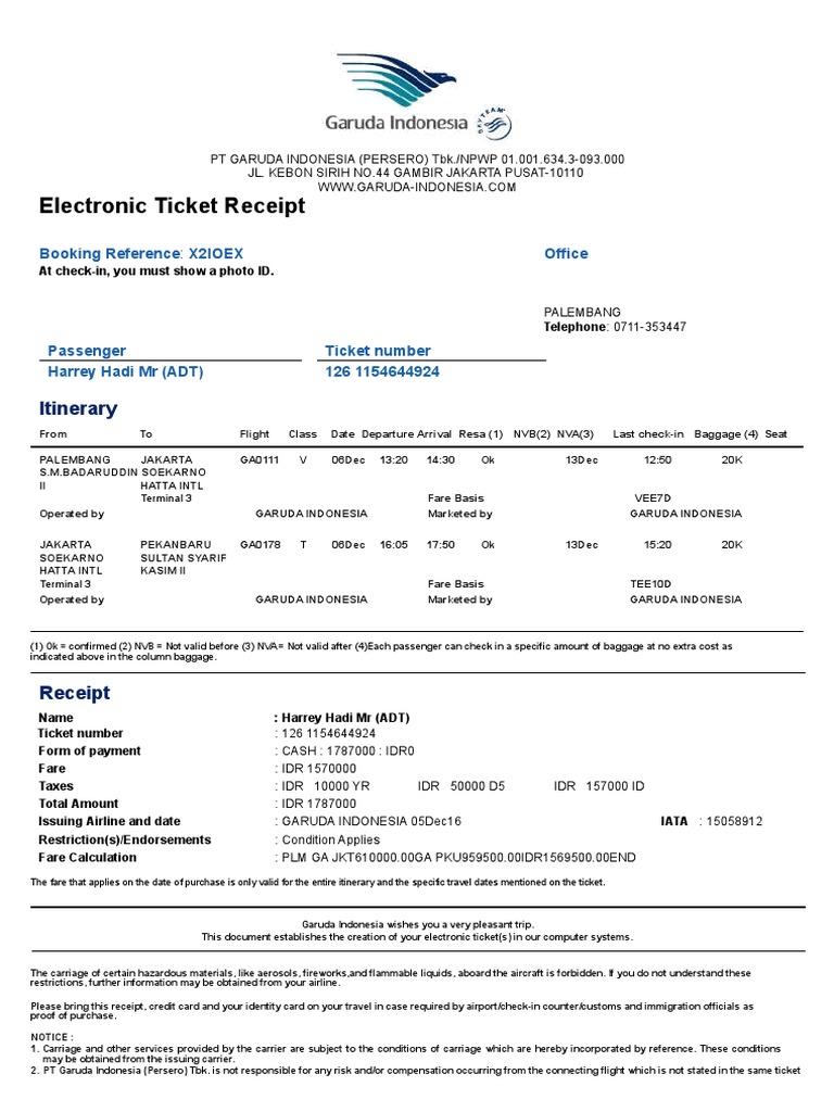 Garuda Indonesia Electronic Ticket Receipt | PDF | Dangerous Goods ...
