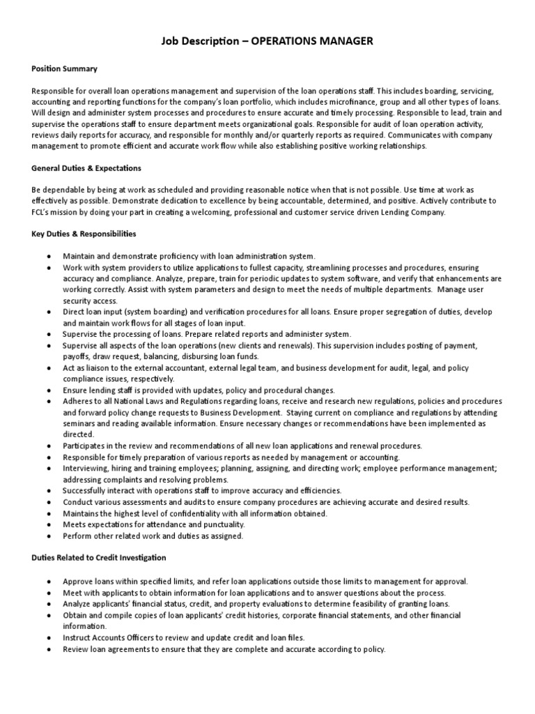 Job Description - OPERATIONS MANAGER: Position Summary | PDF | Audit | Goal