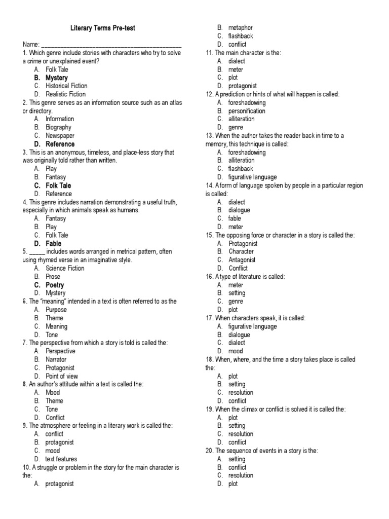 Literary Terms Pre-test Quiz | PDF | Narration | Narrative
