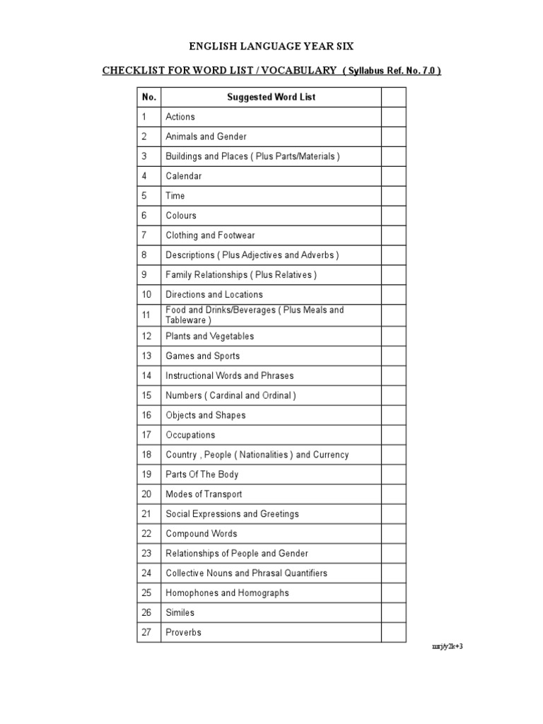 Yr 6 Vocab Checklist | PDF