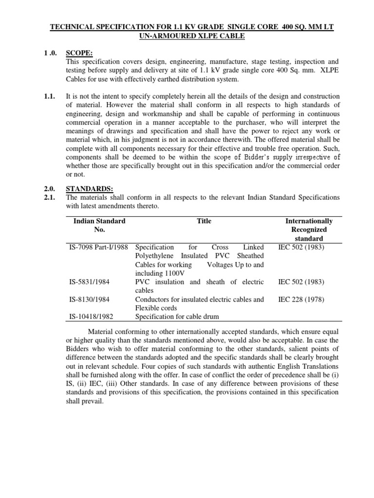 Technical Specification For 1.1 KV Grade Single Core 400 Sq. MM LT Un ...